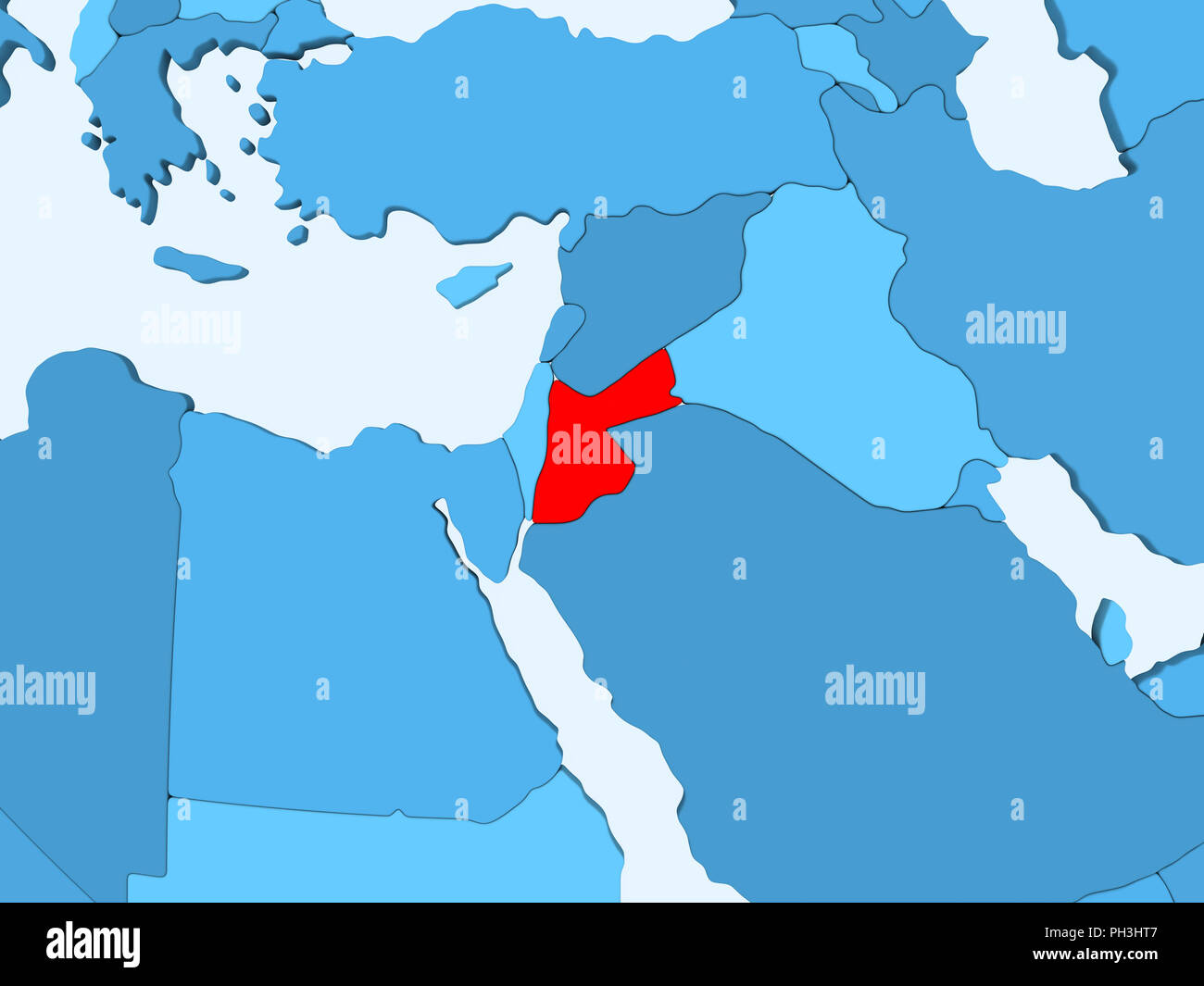 Jordan in red on blue political map with transparent oceans. 3D ...