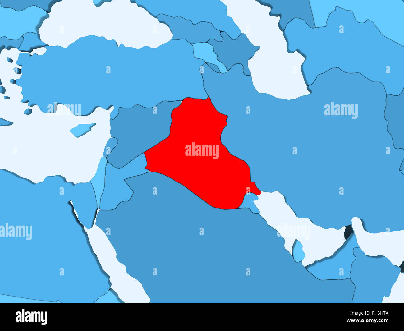 Iraq in red on blue political map with transparent oceans. 3D ...