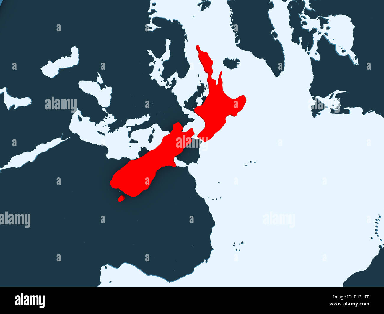 New Zealand in red on blue political map with transparent oceans. 3D ...
