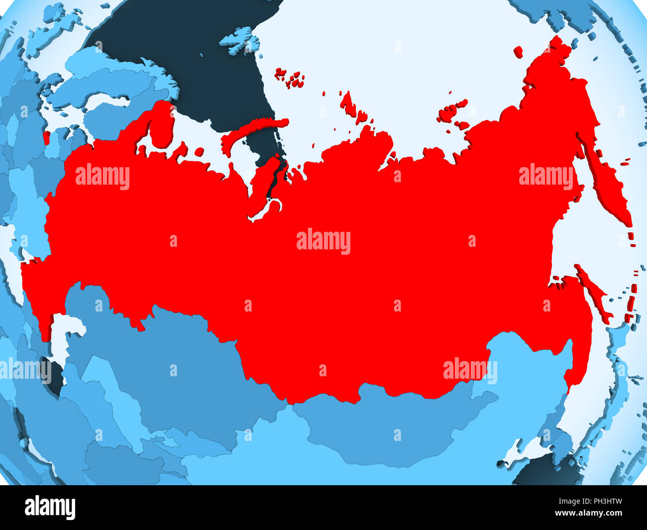 Russia in red on blue political map with transparent oceans. 3D ...