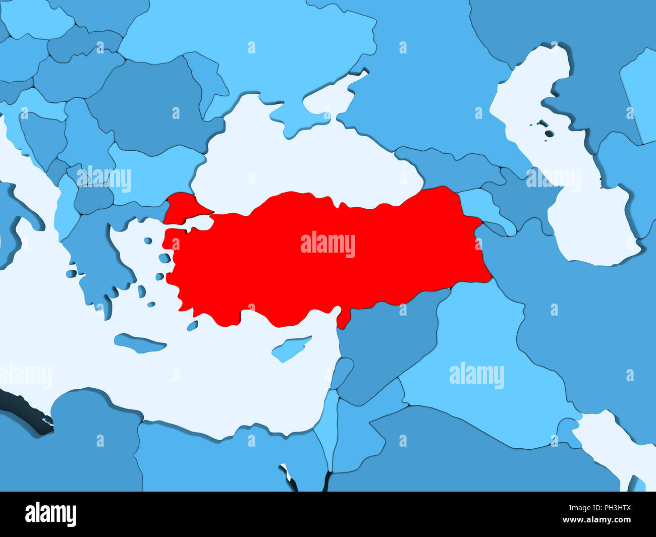 Turkey in red on blue political map with transparent oceans. 3D ...