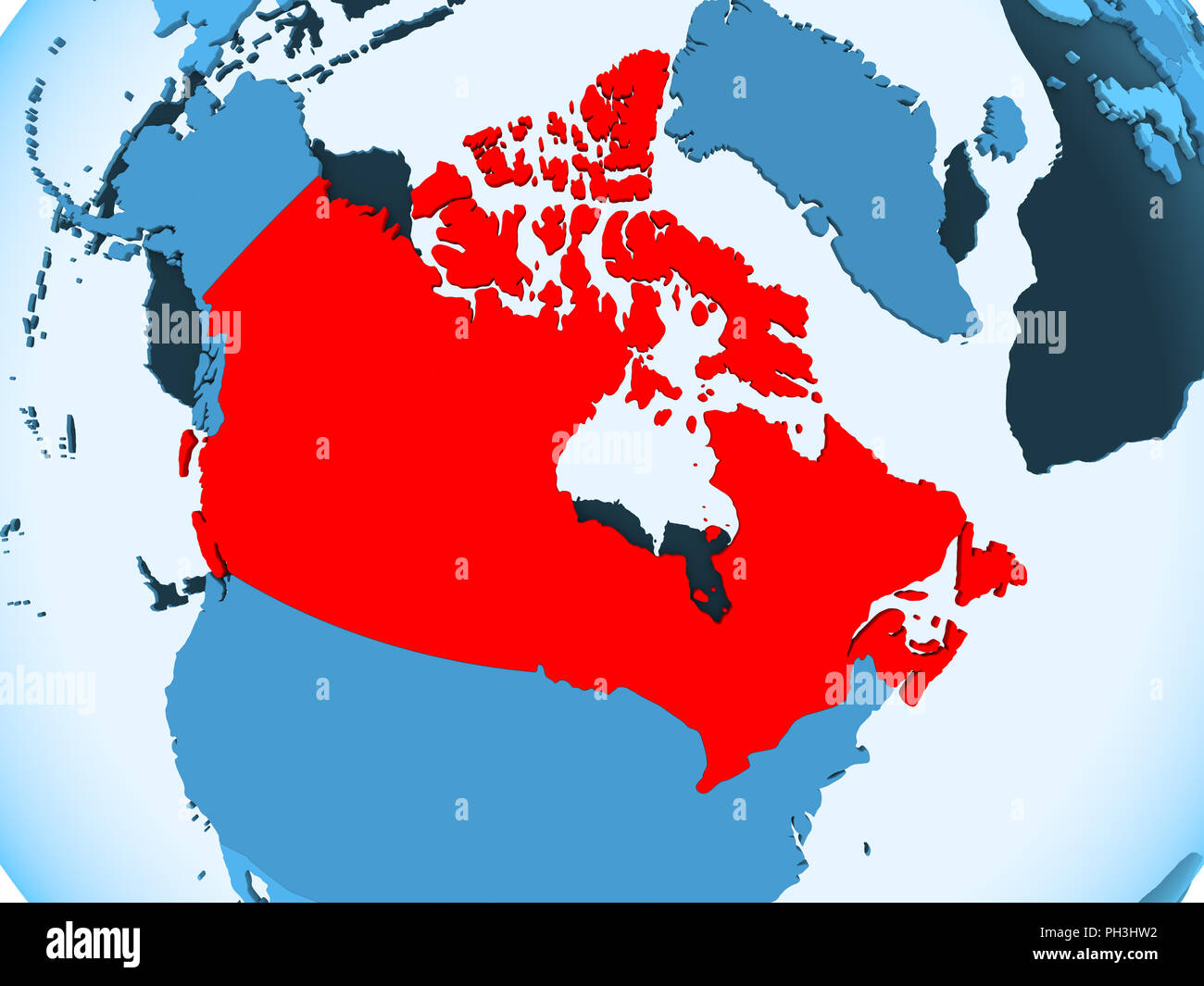 Canada in red on blue political map with transparent oceans. 3D ...