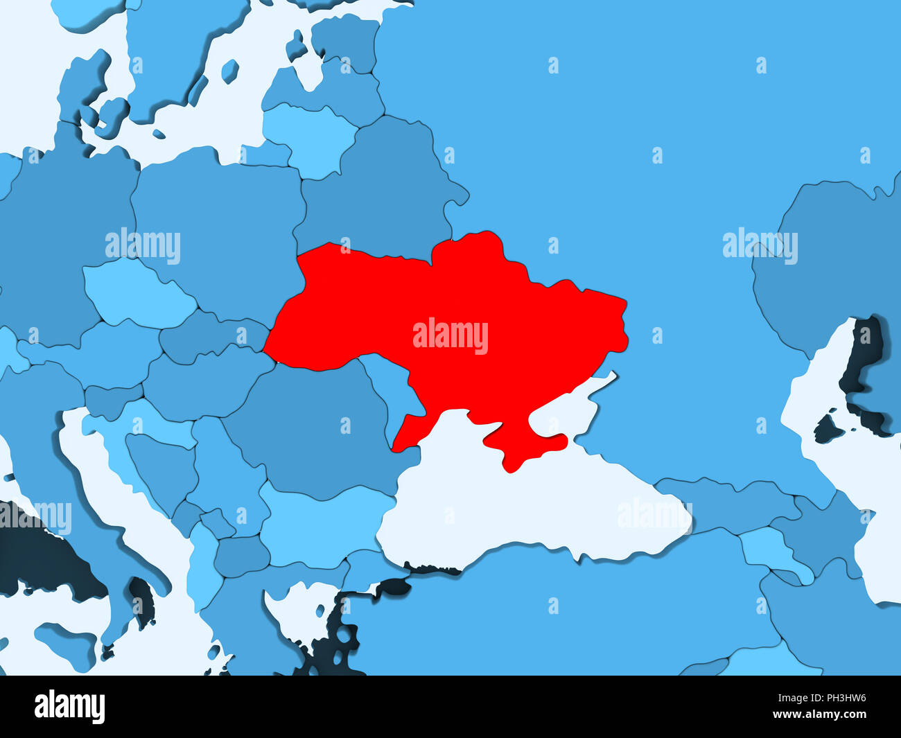 Ukraine in red on blue political map with transparent oceans. 3D ...