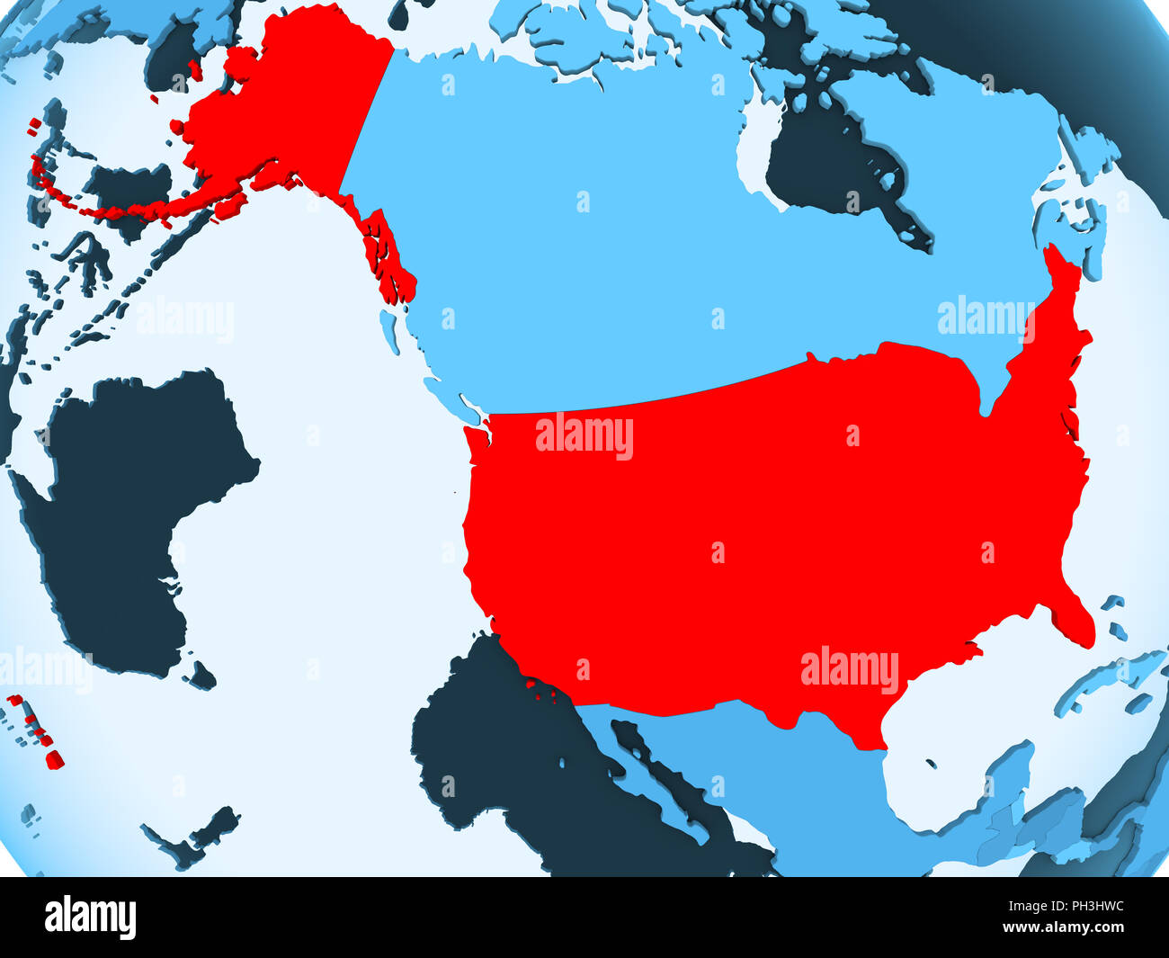 USA in red on blue political map with transparent oceans. 3D ...