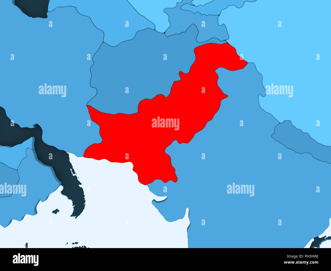 Pakistan in red on blue political map with transparent oceans. 3D ...