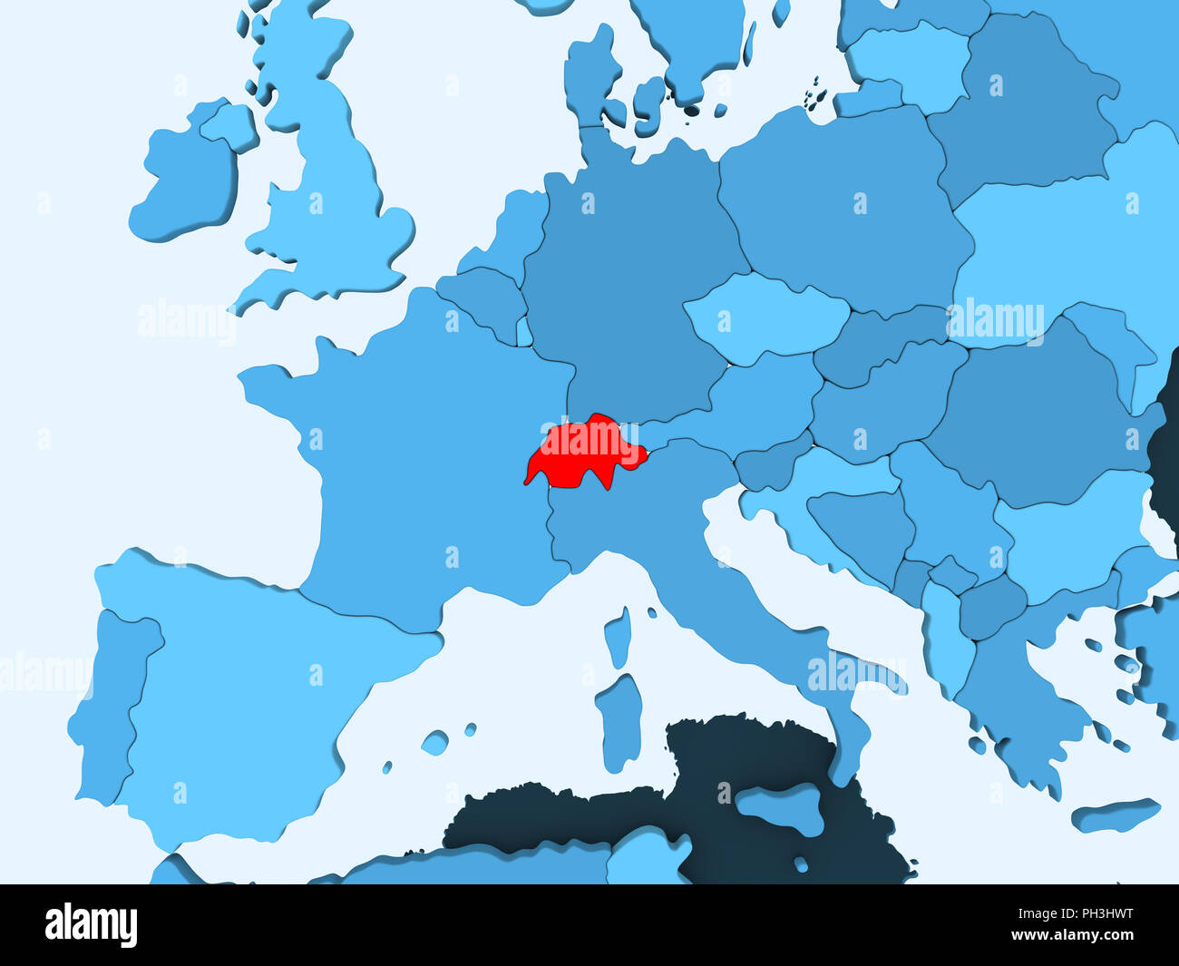 Switzerland in red on blue political map with transparent oceans. 3D ...