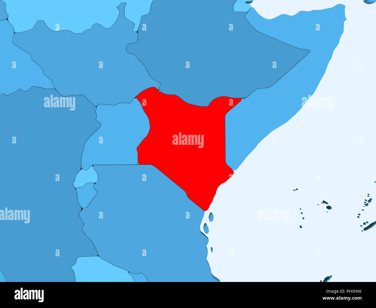 Kenya in red on blue political map with transparent oceans. 3D ...