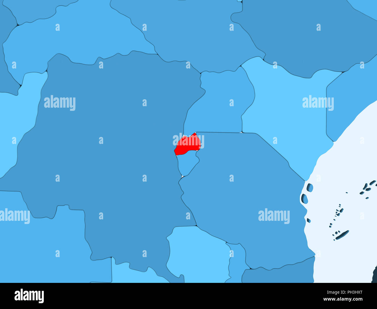 Rwanda in red on blue political map with transparent oceans. 3D ...