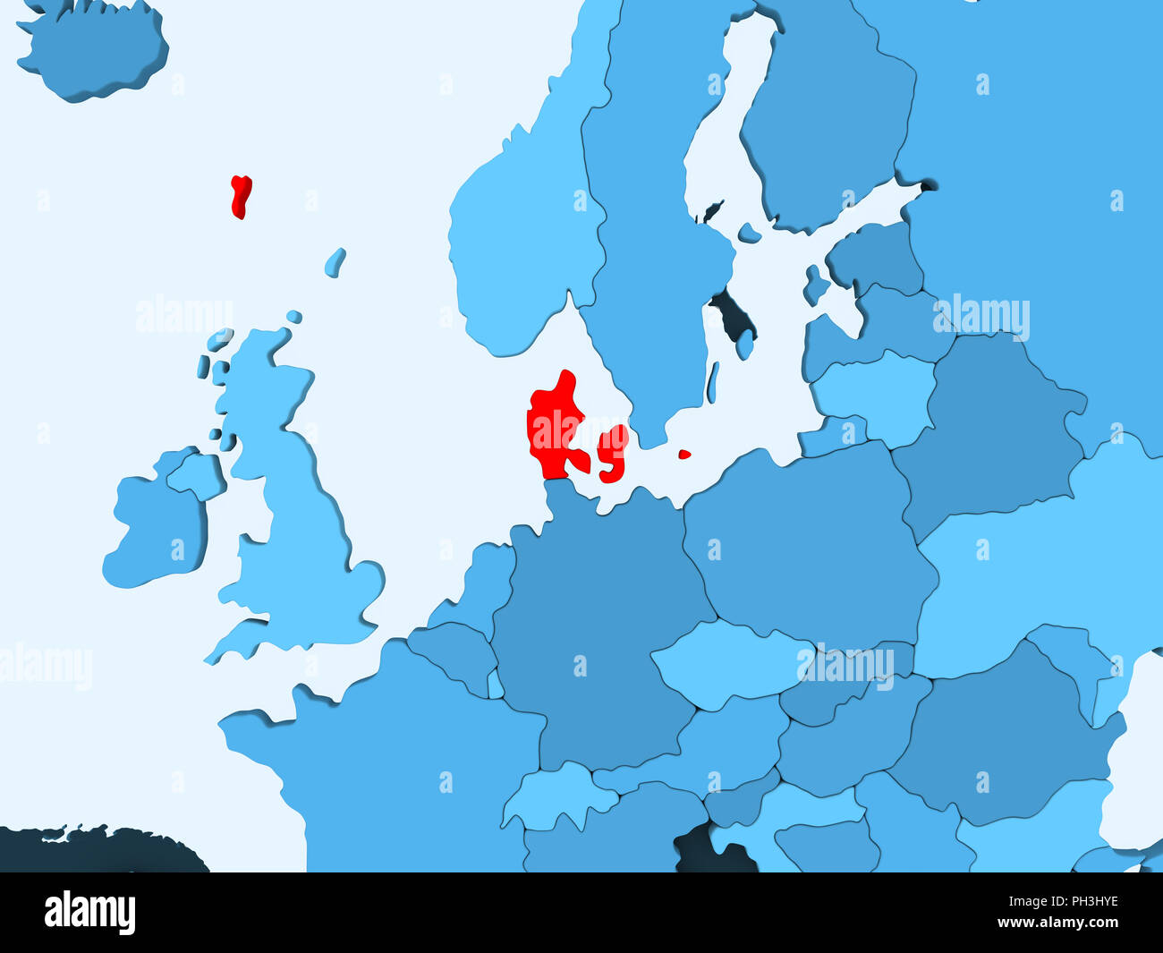 Denmark in red on blue political map with transparent oceans. 3D ...