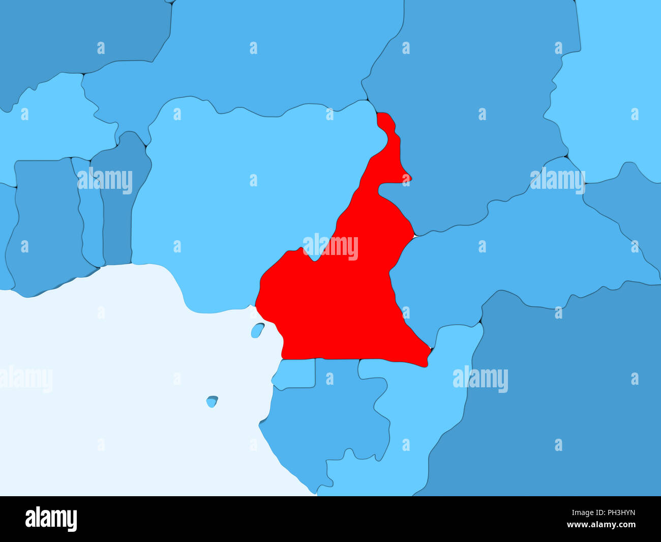 Cameroon in red on blue political map with transparent oceans. 3D ...