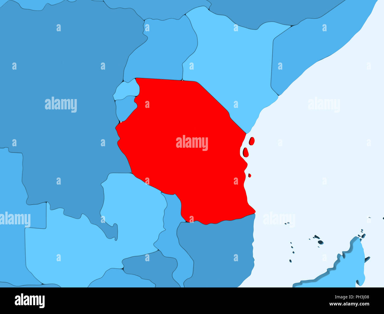 Tanzania in red on blue political map with transparent oceans. 3D ...