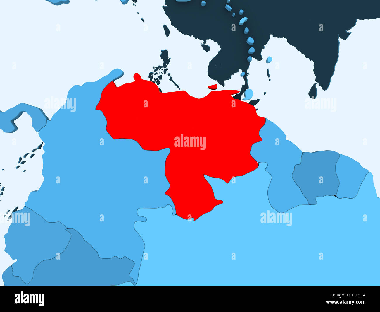 Venezuela in red on blue political map with transparent oceans. 3D ...