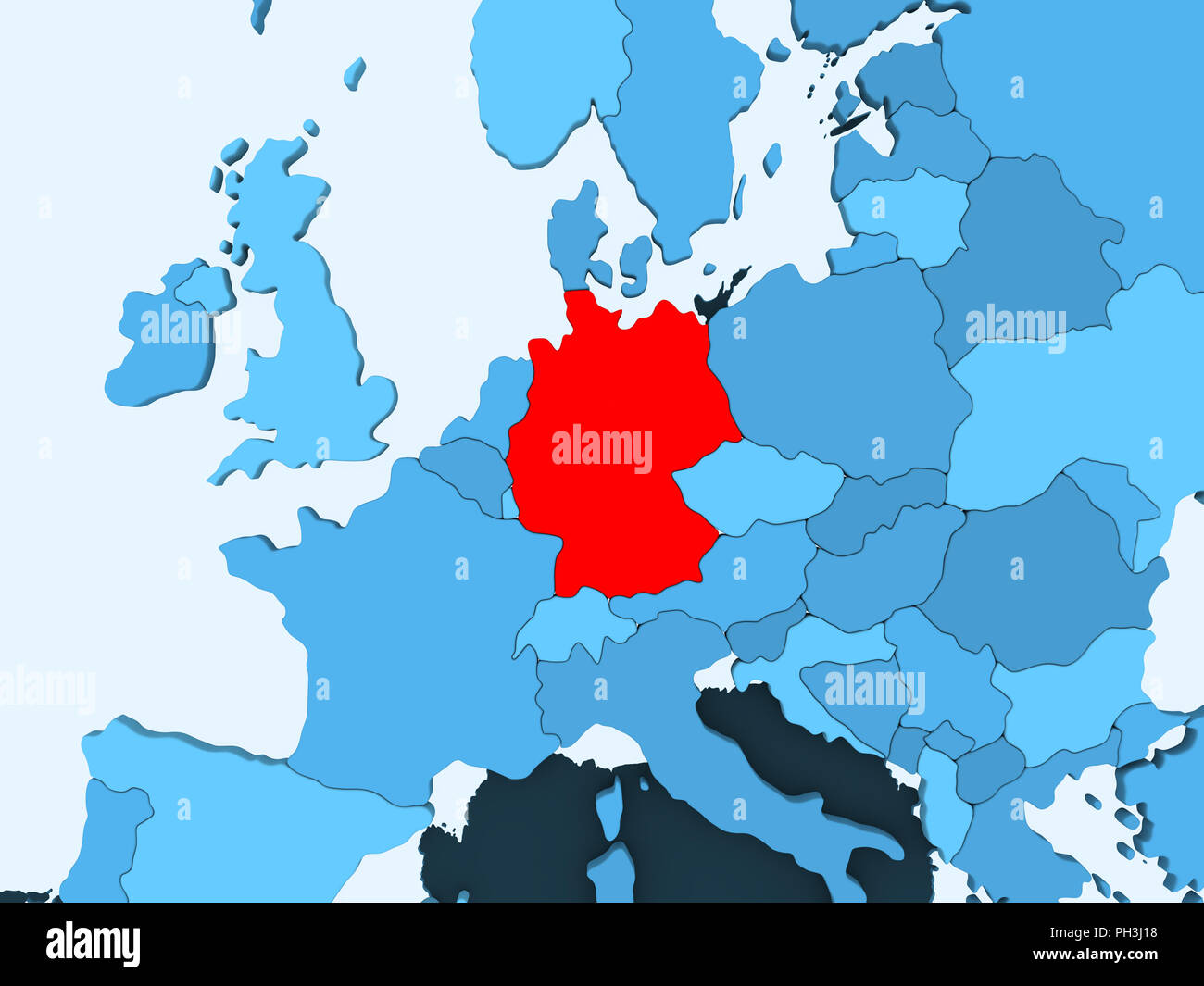 Germany in red on blue political map with transparent oceans. 3D ...