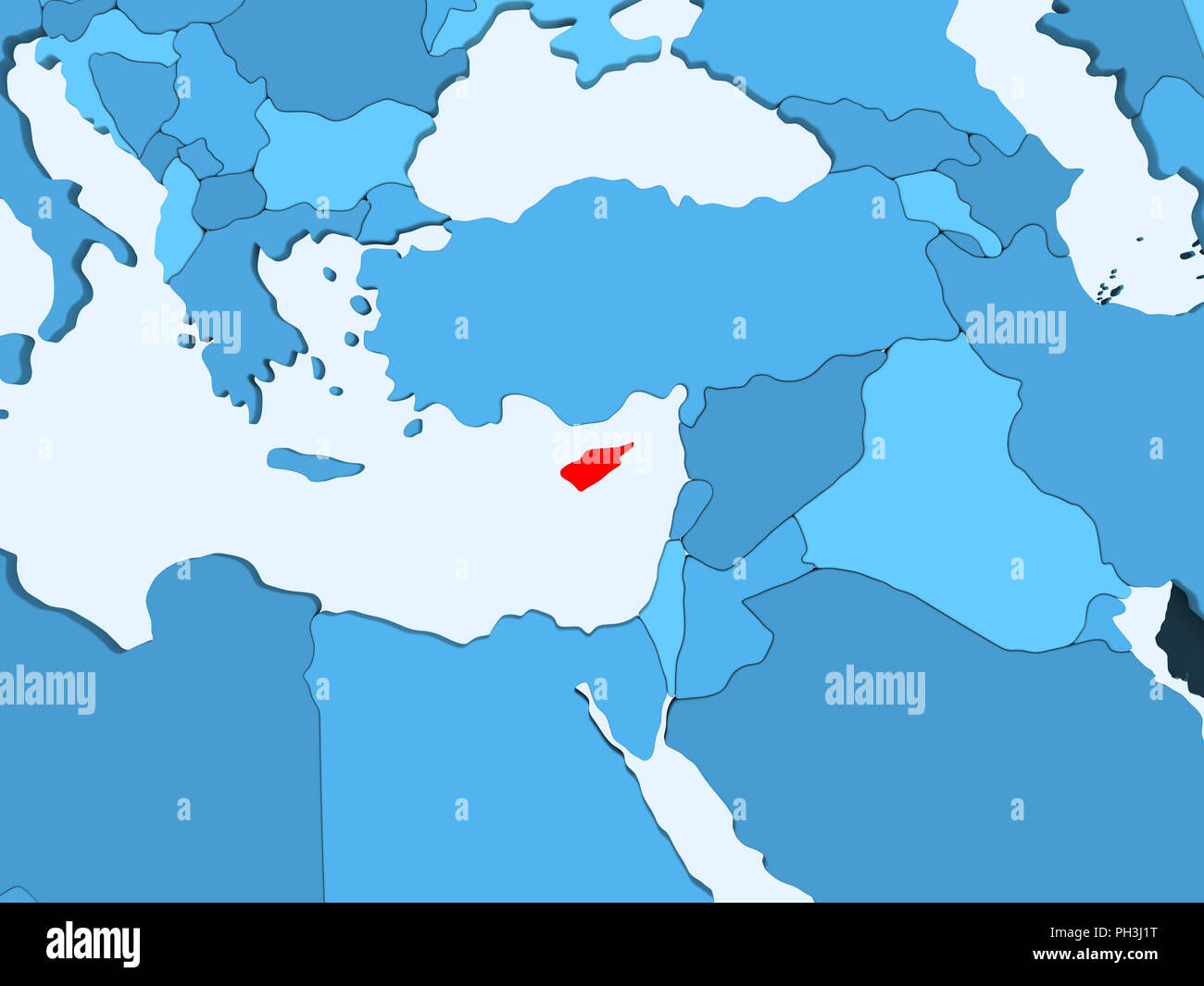 Cyprus in red on blue political map with transparent oceans. 3D ...
