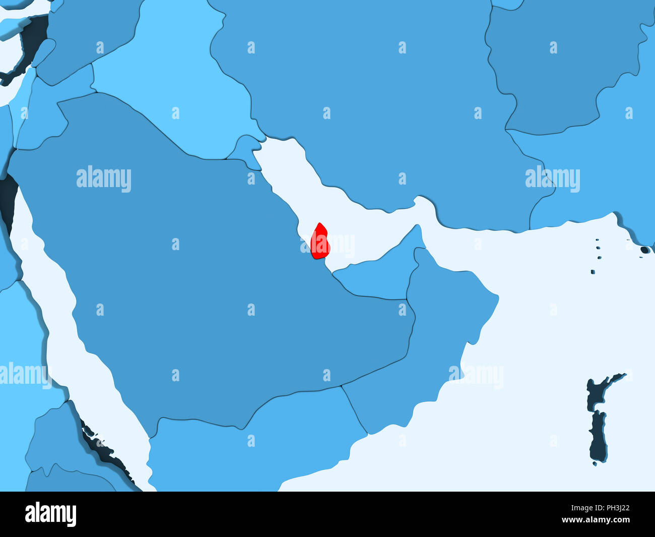 Qatar in red on blue political map with transparent oceans. 3D ...