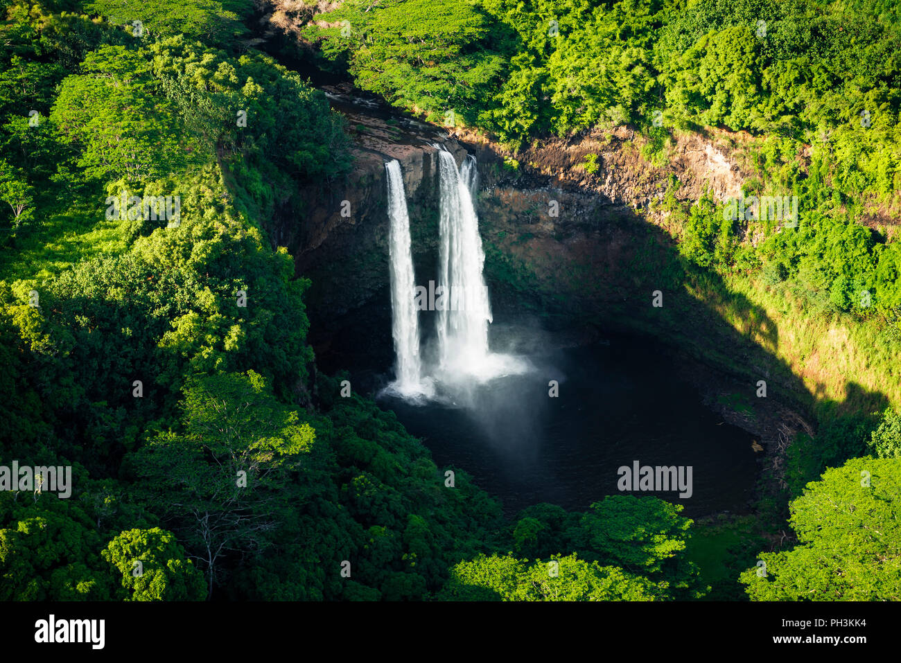 Wailua Falls (aerial), Wailua River State Park, Kauai, Hawaii USA Stock ...