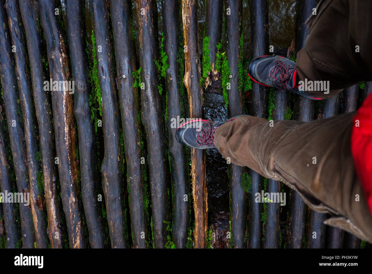 legs of hiker men walking on old wood bridge Stock Photo - Alamy