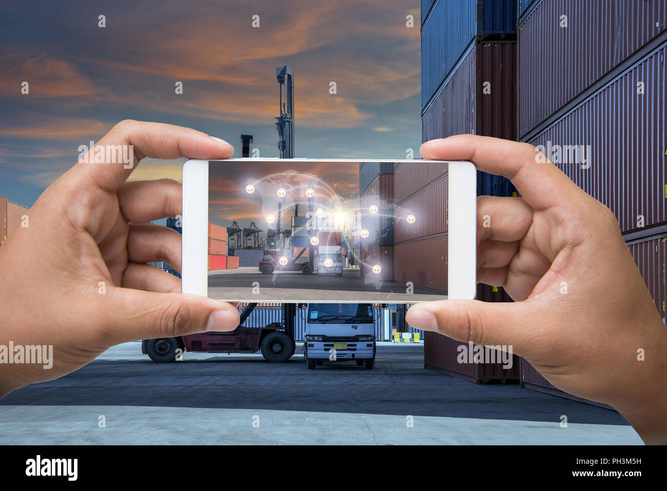 Hand holding smartphone is pressing button on touch screen interface in ...