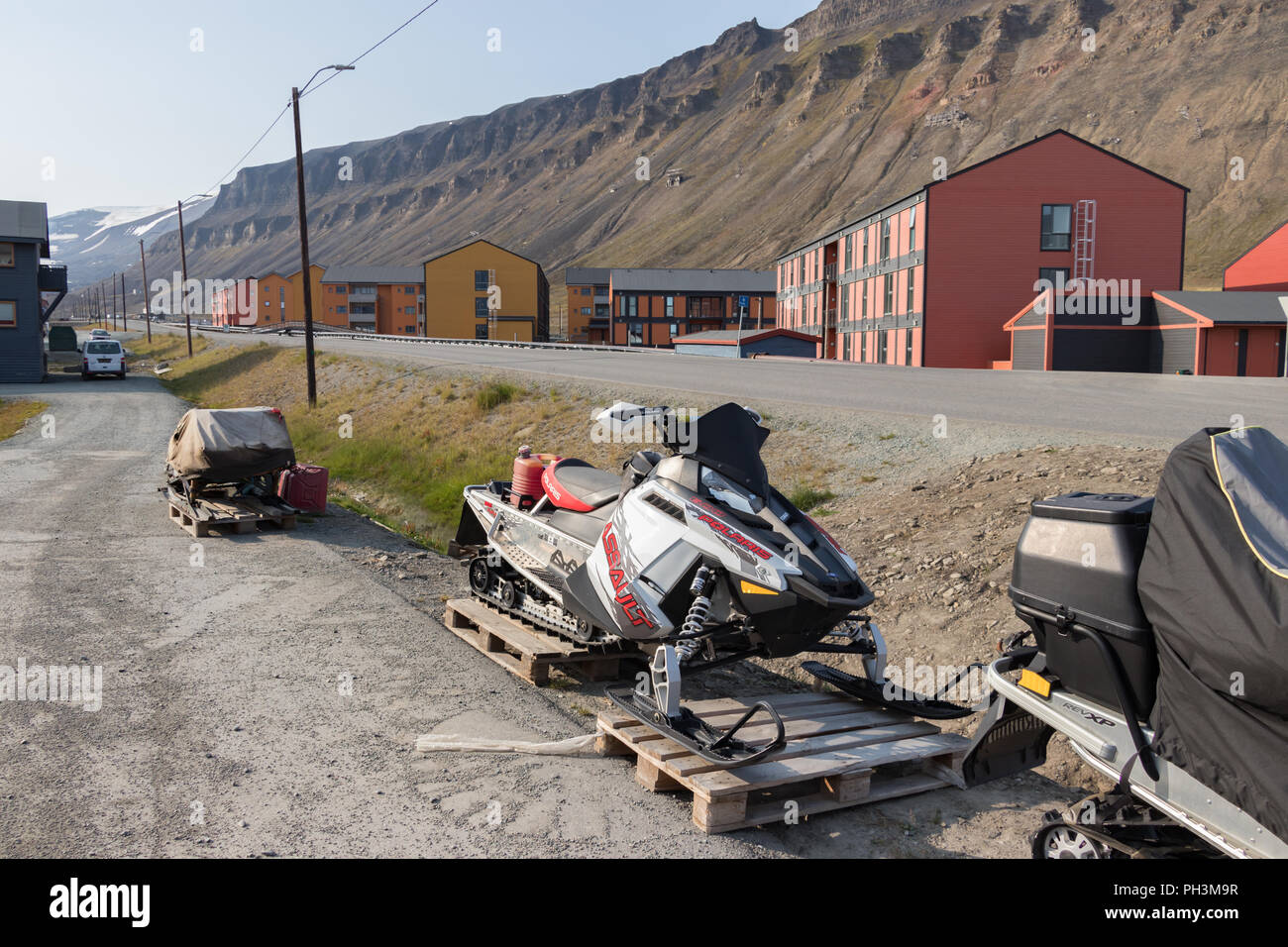 Longyearbyen, Svalbard, Norway - August 13th, 2018: Snowmobiles parked ...