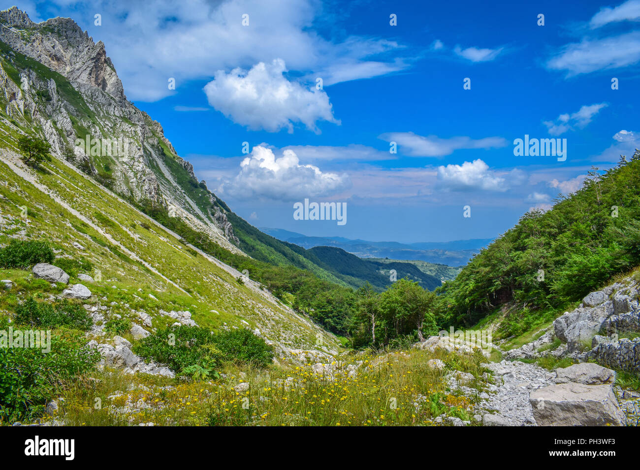 An overview that captures the mountain chain Gran Sasso located in the ...