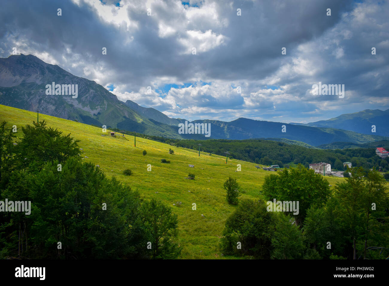 An overview that captures the mountain chain Gran Sasso located in the ...