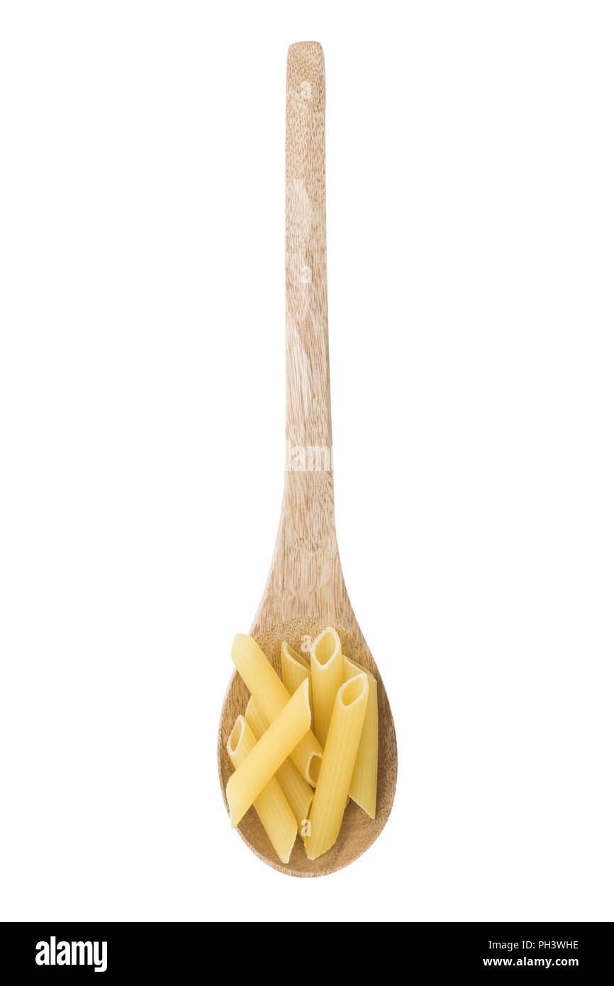 pasta on wooden spoon, isolated on white background, clipping path ...