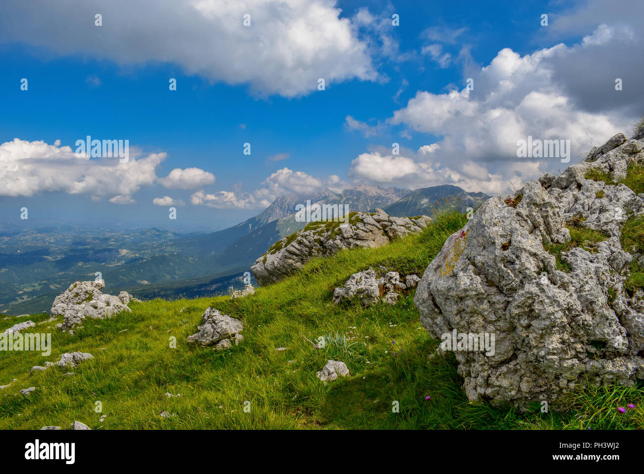 An overview that captures the mountain chain Gran Sasso located in the ...