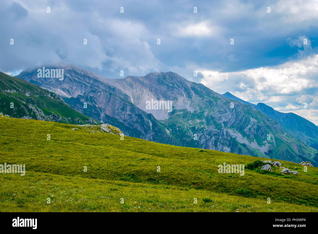 An overview that captures the mountain chain Gran Sasso located in the ...