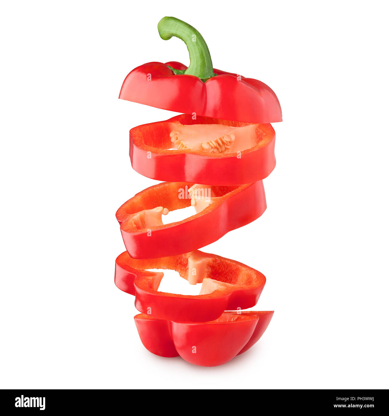 red sweet pepper, paprika, slice fly, clipping path, isolated on white ...