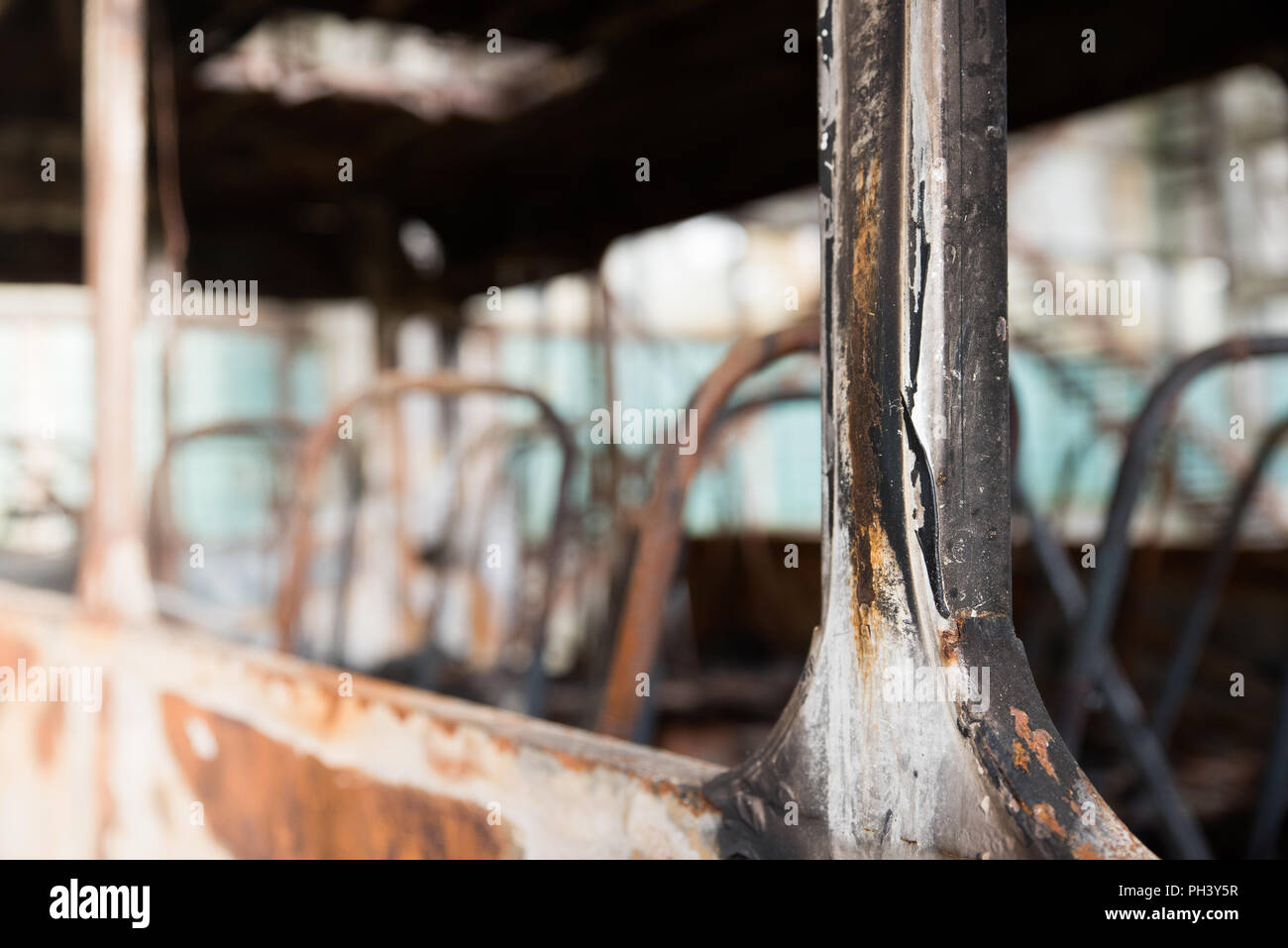 Burned down bus, view from outside, incident, space for text Stock ...