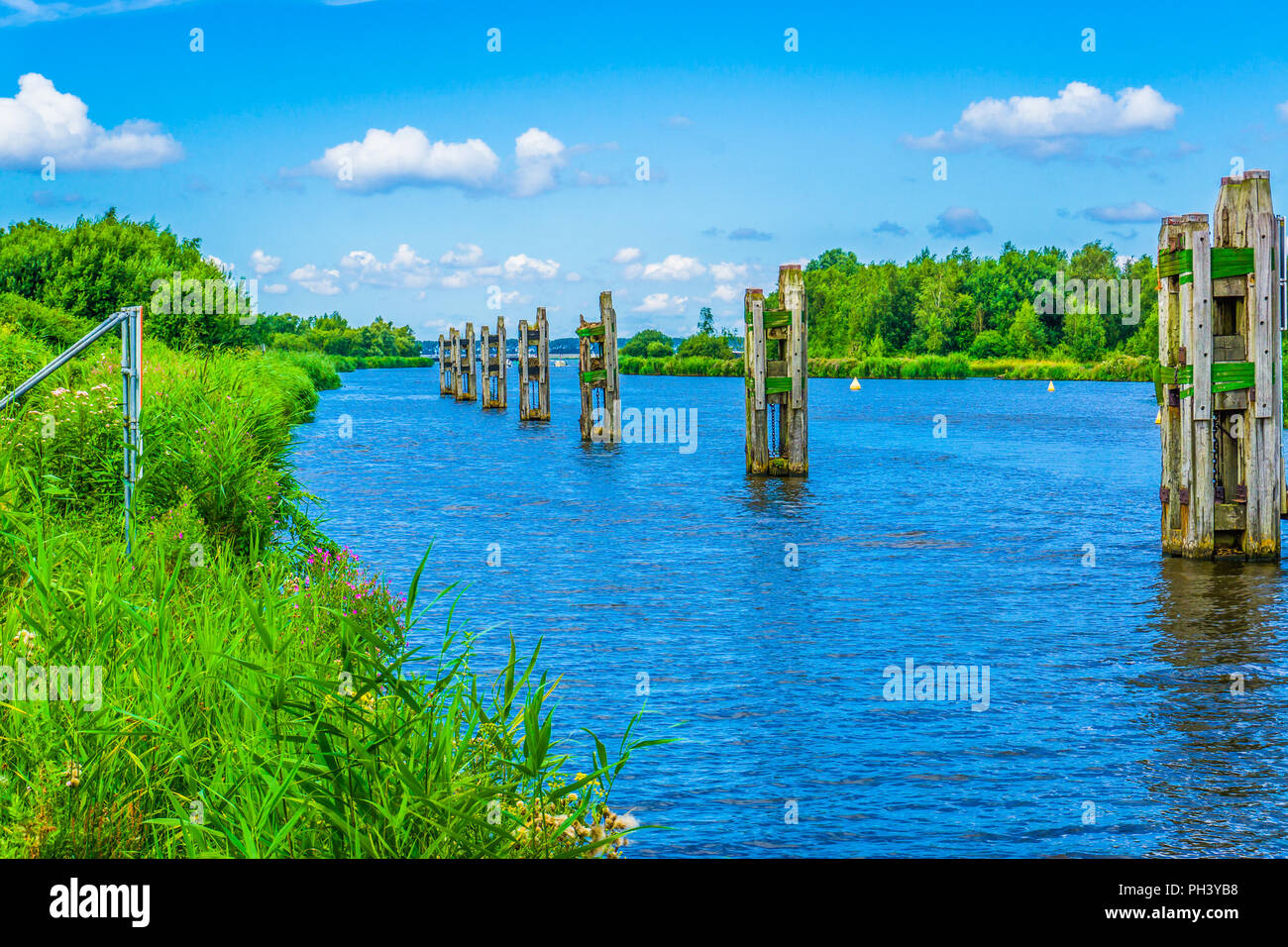beautiful river landscape with wooden poles in the water Stock Photo ...