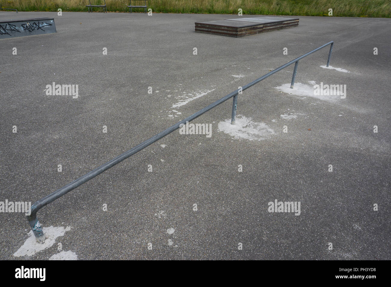 skateboard grind railing at the skate park upper view Stock Photo - Alamy