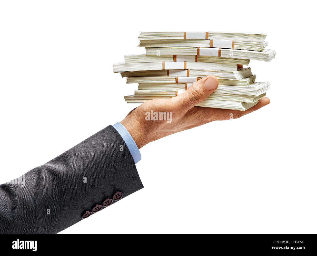 Man's hand in suit holding bundles of money isolated on white ...