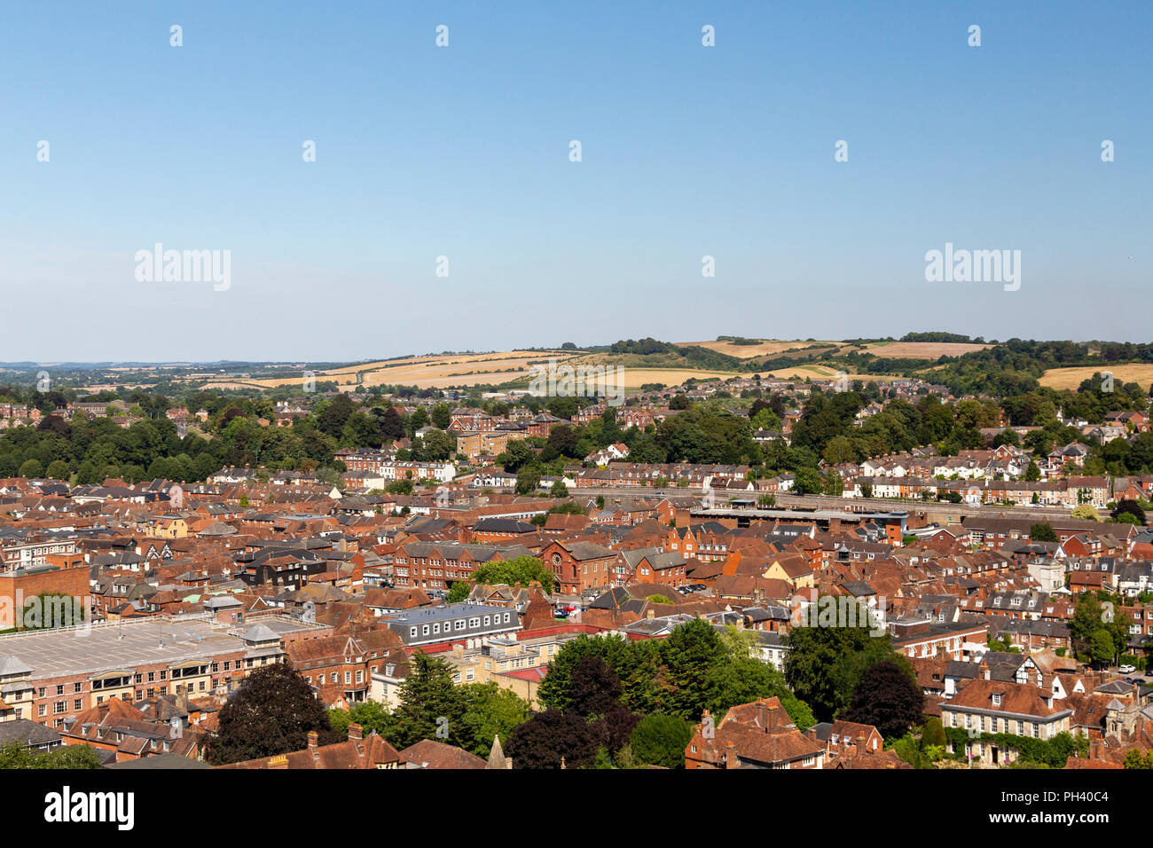 The medieval cathedral city of Salisbury in Wiltshire, UK, seen from ...