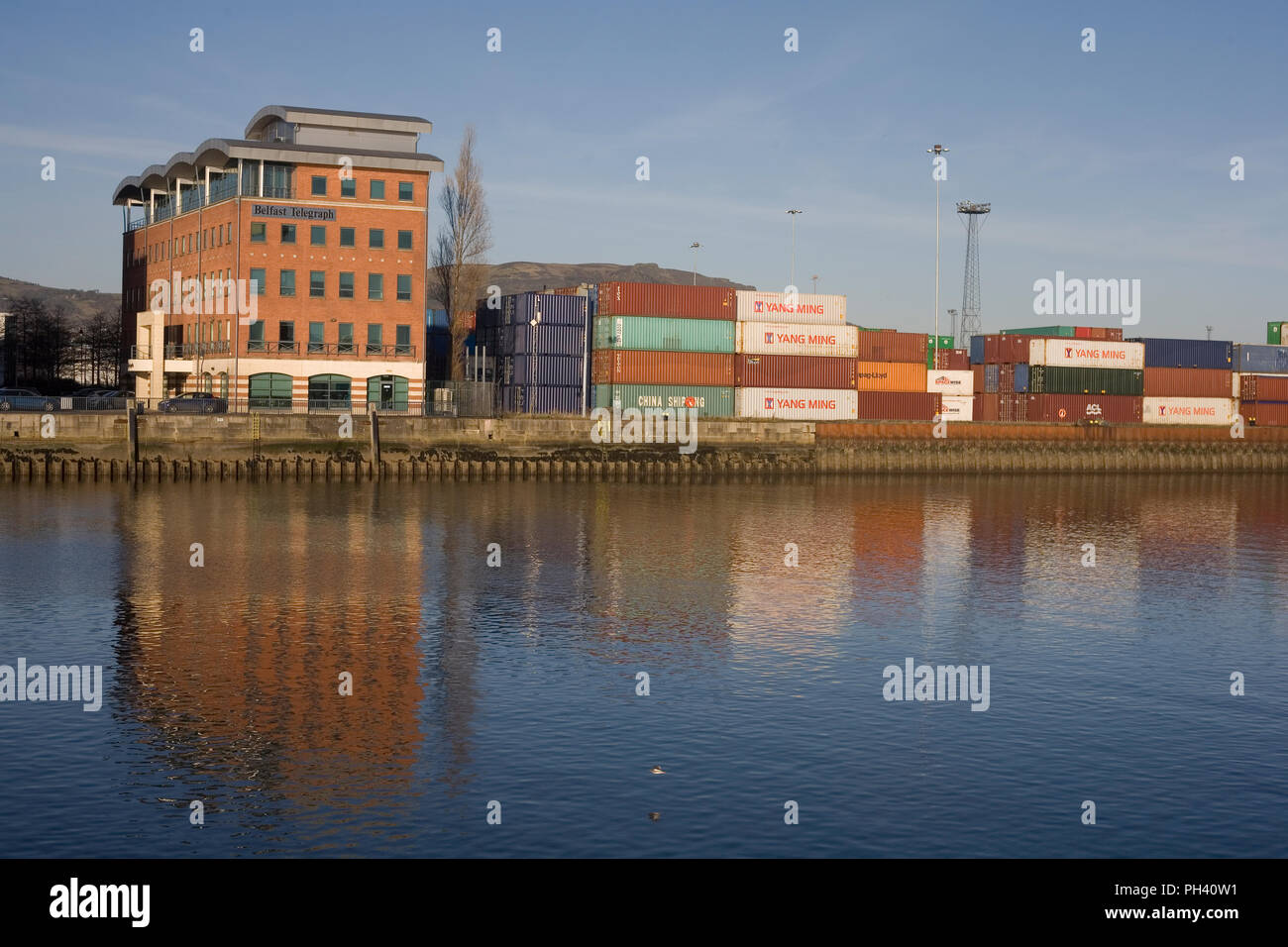 Belfast Telegraph offices and ship containers on Albert Quay seen from ...
