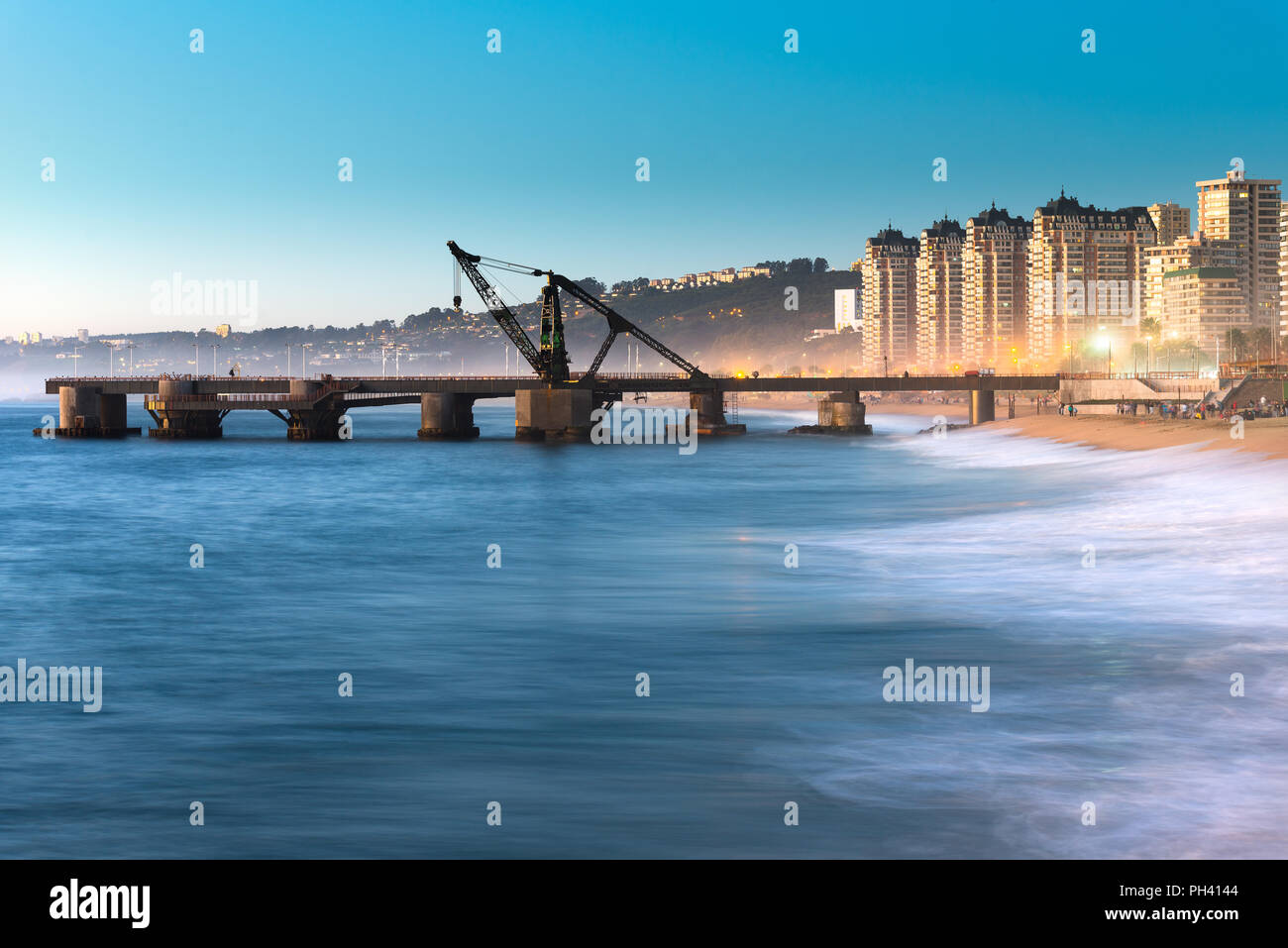 View of Muelle Vergara at dusk, Viña del Mar, V Region de Valparaiso ...