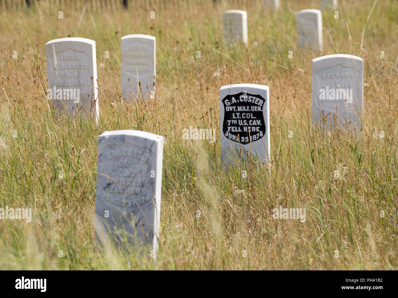 Marker stones for General Custer and soldiers killed at the Little ...