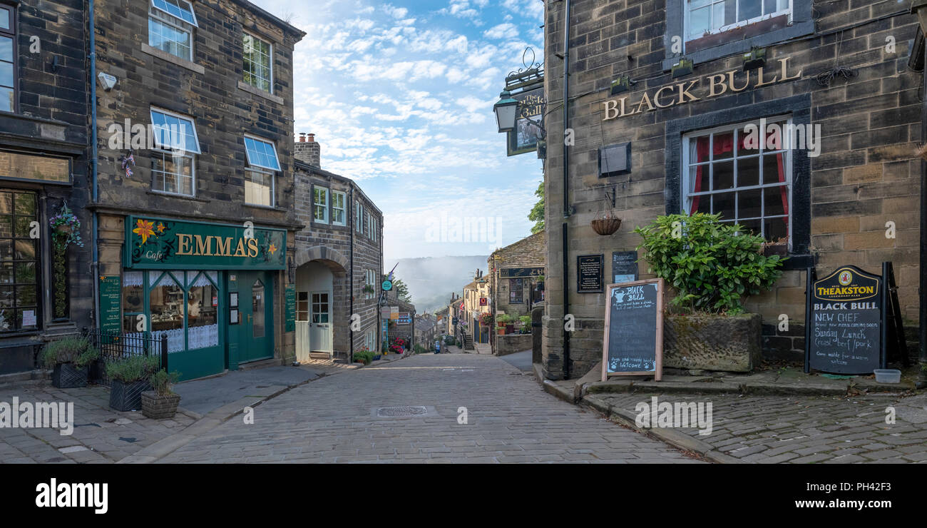 Top of the high street hill in Haworth, West Yorkshire, best known as ...