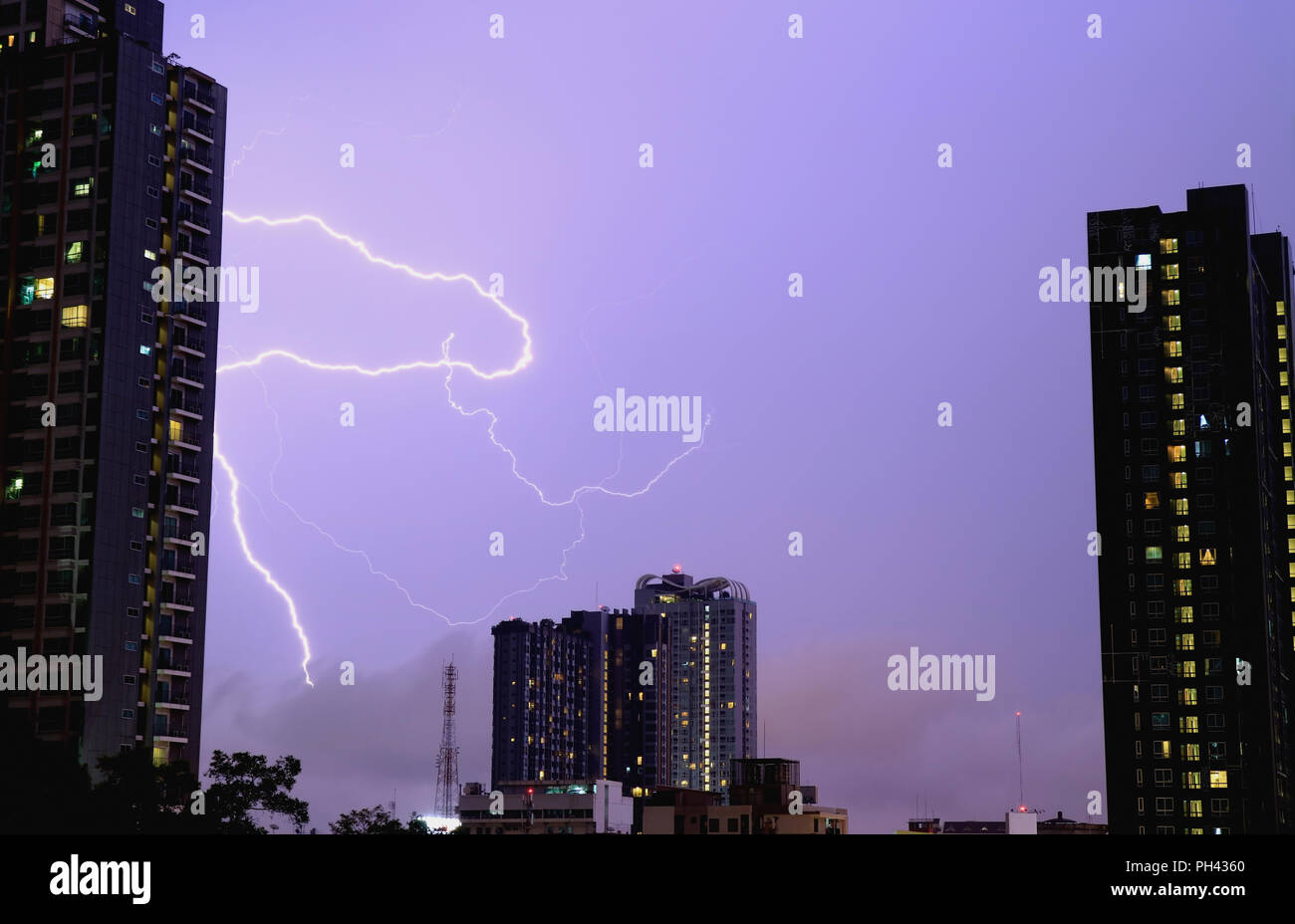 Real lightning striking on the night sky, monsoon season, Bangkok ...