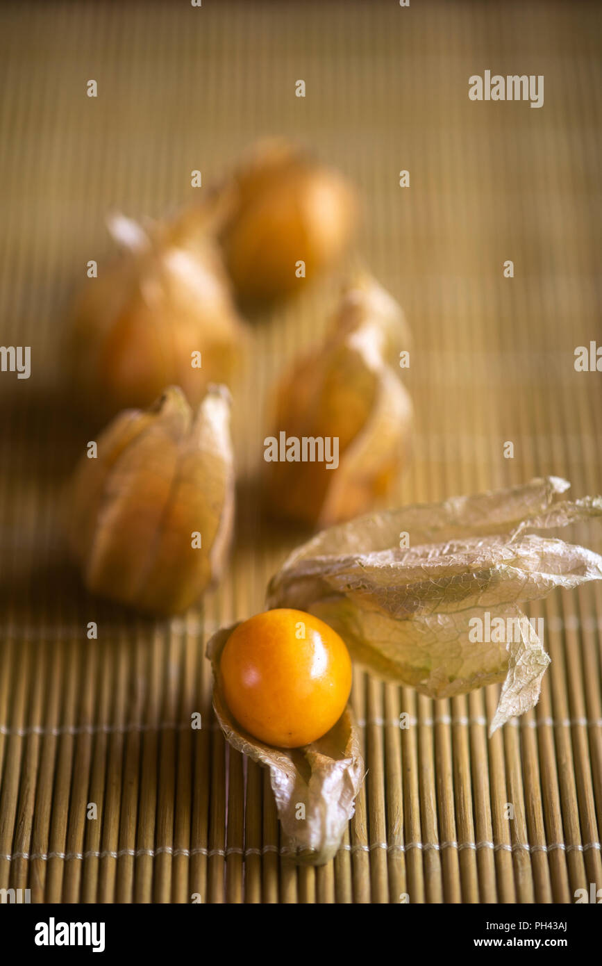 Physalis, or Cape Gooseberry, fruit in a line on a table mat Stock ...