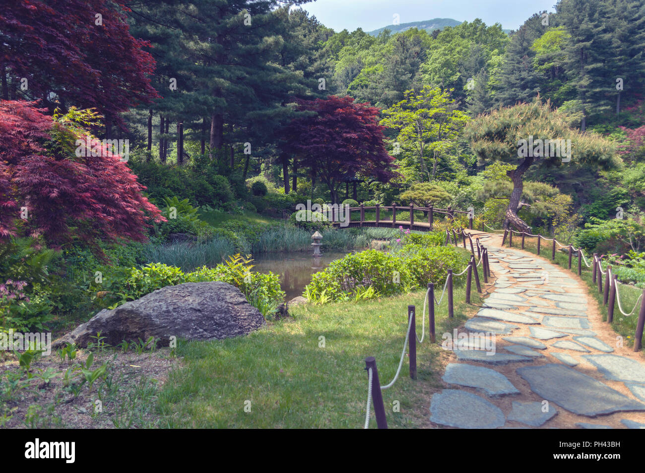 stone pathway in korean park with traditional garden and pond Stock ...