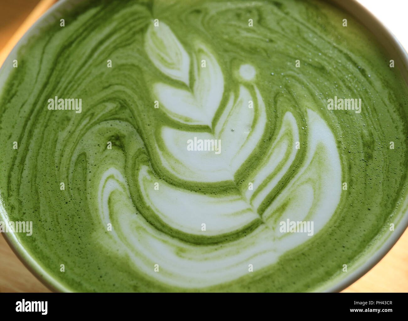 Closed Up Texture of Hot Japanese Matcha Green Tea Latte with Latte Art ...