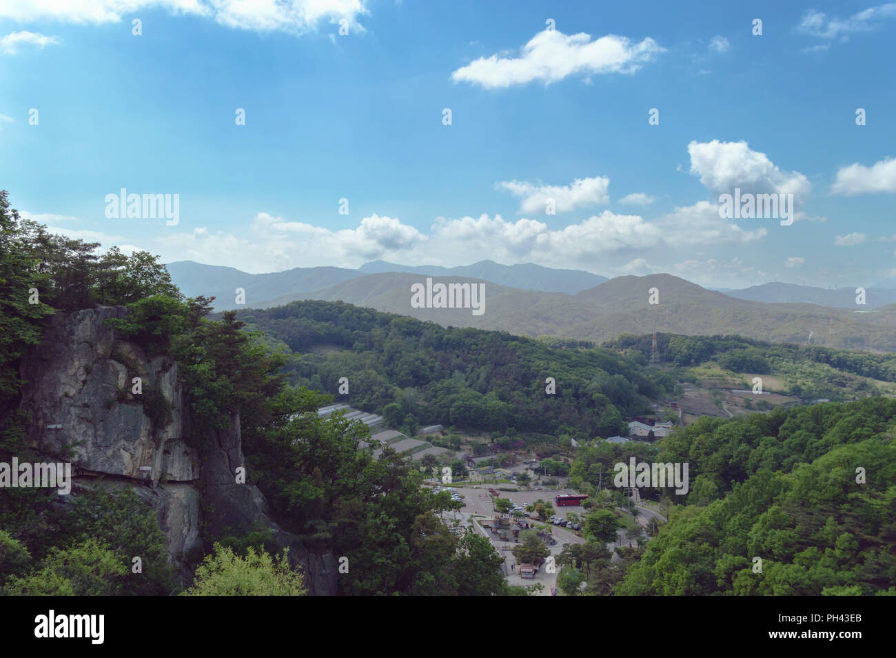 view from above on korean nature landscape with mountains and skyline ...