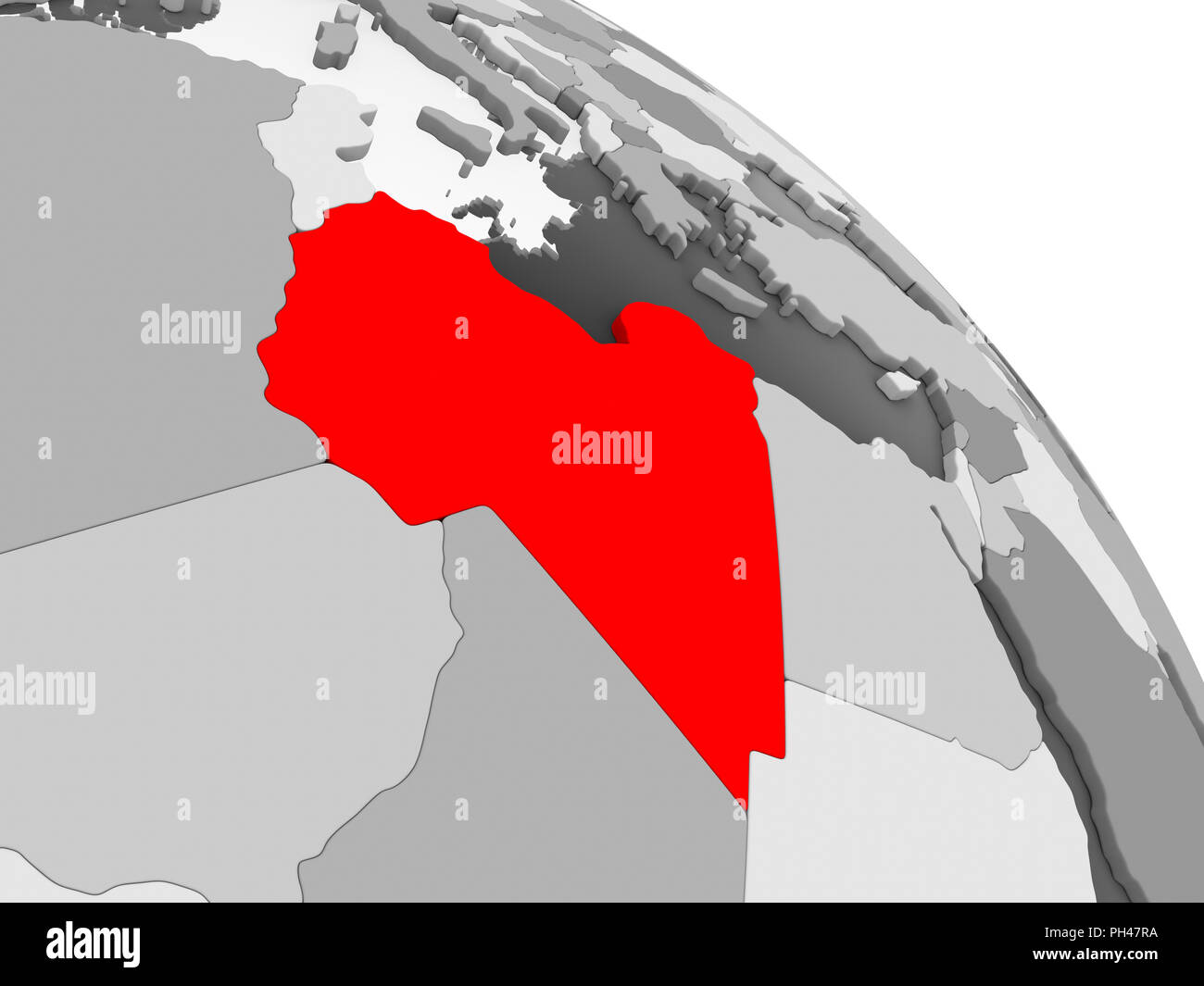 3D render of Libya in red on grey political globe with transparent ...