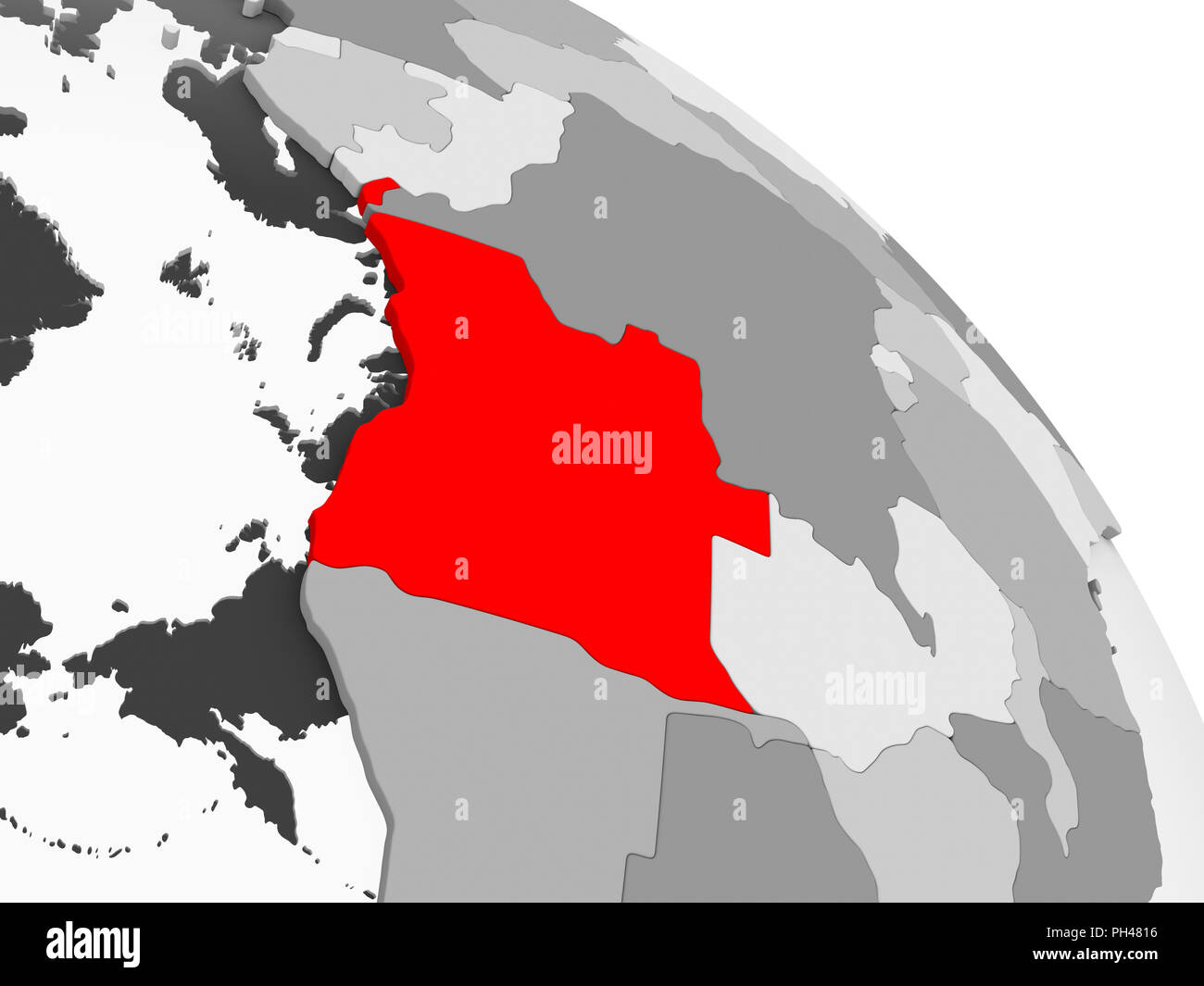 3D render of Angola in red on grey political globe with transparent ...