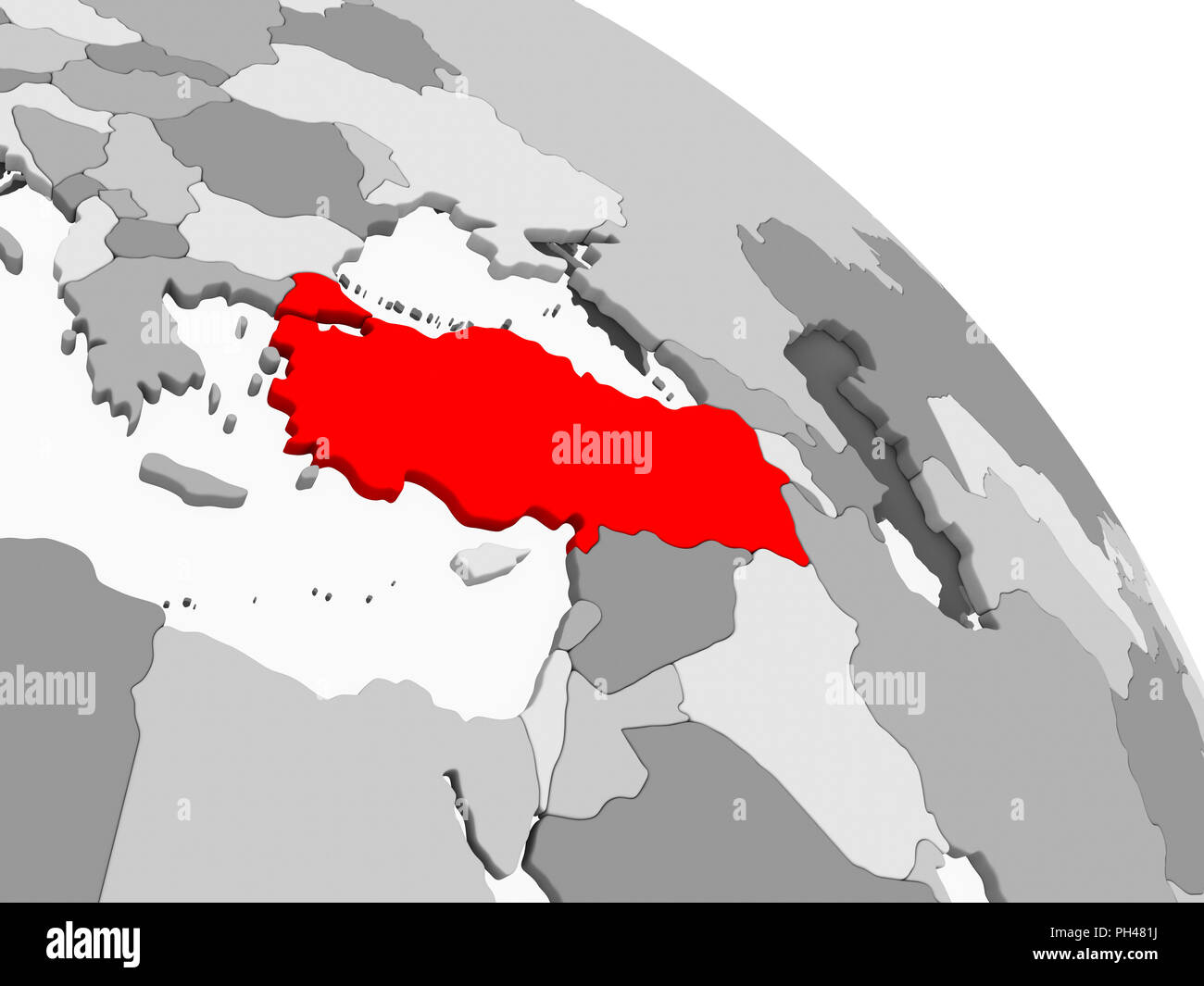 3D render of Turkey in red on grey political globe with transparent ...