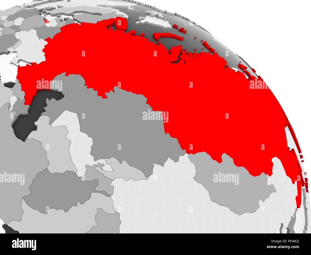 3D render of Russia in red on grey political globe with transparent ...