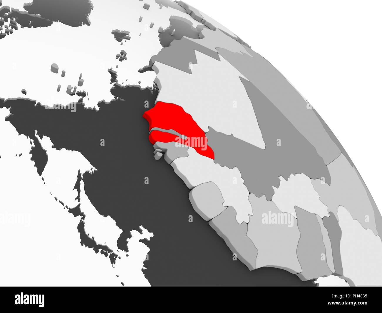 3D render of Senegal in red on grey political globe with transparent ...