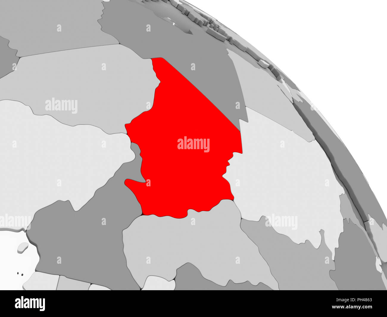 3D render of Chad in red on grey political globe with transparent ...