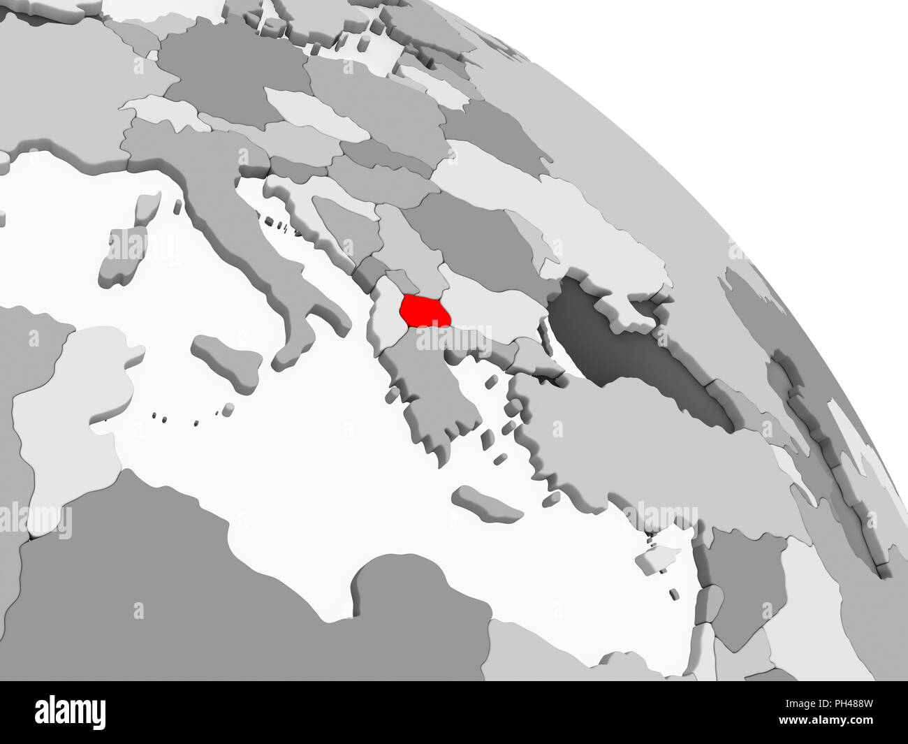 3D render of Macedonia in red on grey political globe with transparent ...